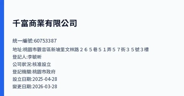 千富商業有限公司的照片-統編 60753387(桃園市) 公司登記資料與營業項目詳細圖表