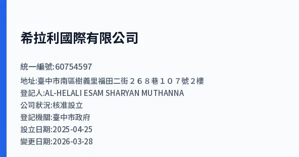 希拉利國際有限公司的照片-統編 60754597(臺中市) 公司登記資料與營業項目詳細圖表