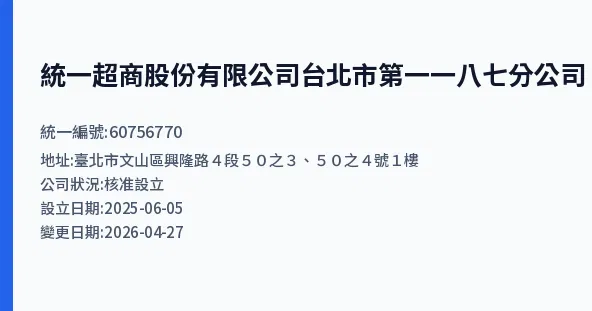統一超商股份有限公司台北市第一一八七分公司的照片-統編 60756770(臺北市) 公司登記資料與營業項目詳細圖表