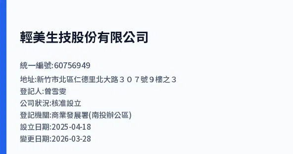 輕美生技股份有限公司的照片-統編 60756949(新竹市) 公司登記資料與營業項目詳細圖表