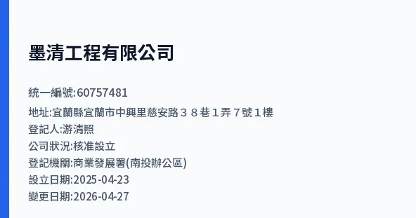 墨清工程有限公司的照片-統編 60757481(宜蘭縣) 公司登記資料與營業項目詳細圖表