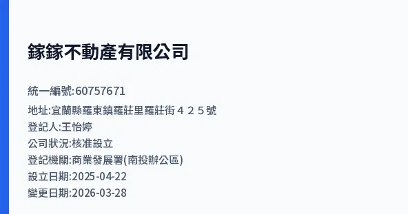 鎵鎵不動產有限公司的照片-統編 60757671(宜蘭縣) 公司登記資料與營業項目詳細圖表