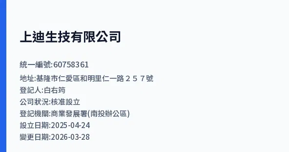 上迪生技有限公司的照片-統編 60758361(基隆市) 公司登記資料與營業項目詳細圖表