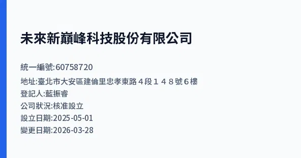未來新巔峰科技股份有限公司的照片-統編 60758720(臺北市) 公司登記資料與營業項目詳細圖表