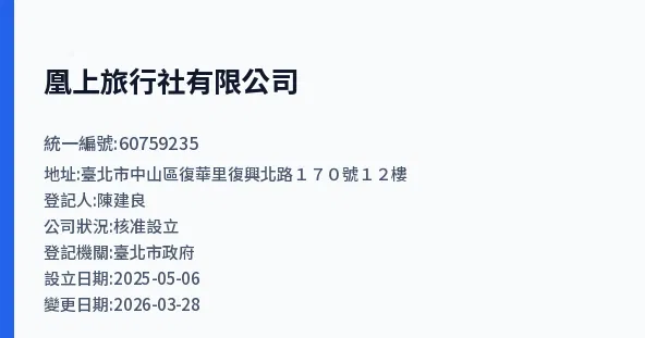 凰上旅行社有限公司的照片-統編 60759235(臺北市) 公司登記資料與營業項目詳細圖表