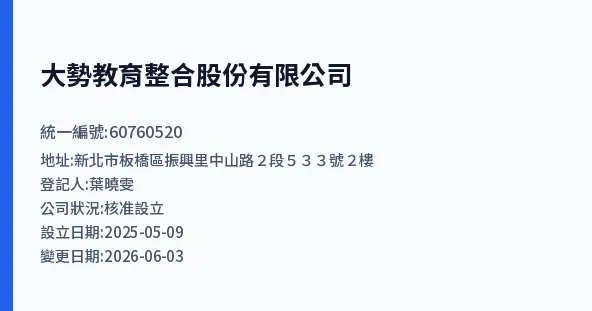 大勢教育整合股份有限公司的照片-統編 60760520(新北市) 公司登記資料與營業項目詳細圖表
