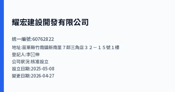 耀宏建設開發有限公司的照片-統編 60762822(苗栗縣) 公司登記資料與營業項目詳細圖表