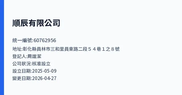 順辰有限公司的照片-統編 60762956(彰化縣) 公司登記資料與營業項目詳細圖表