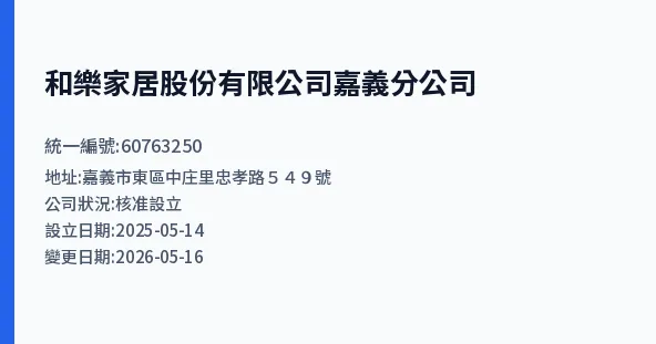 和樂家居股份有限公司嘉義分公司的照片-統編 60763250(嘉義市) 公司登記資料與營業項目詳細圖表