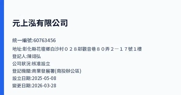 元上泓有限公司的照片-統編 60763456(彰化縣) 公司登記資料與營業項目詳細圖表