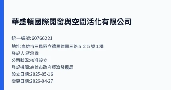 華盛頓國際開發與空間活化有限公司的照片-統編 60766221(高雄市) 公司登記資料與營業項目詳細圖表