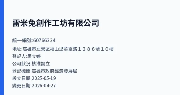 雷米兔創作工坊有限公司的照片-統編 60766334(高雄市) 公司登記資料與營業項目詳細圖表