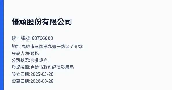 優頑股份有限公司的照片-統編 60766600(高雄市) 公司登記資料與營業項目詳細圖表