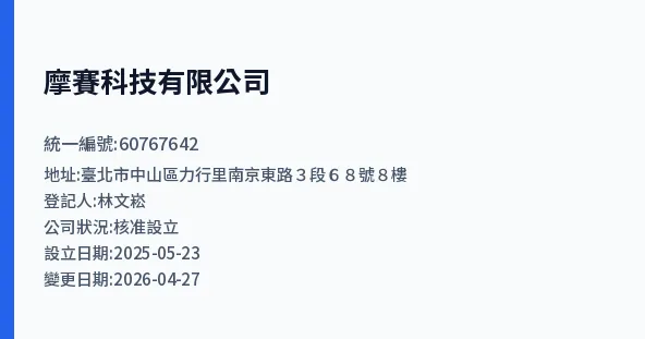 摩賽科技有限公司的照片-統編 60767642(臺北市) 公司登記資料與營業項目詳細圖表