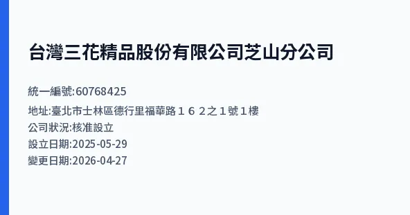 台灣三花精品股份有限公司芝山分公司的照片-統編 60768425(臺北市) 公司登記資料與營業項目詳細圖表