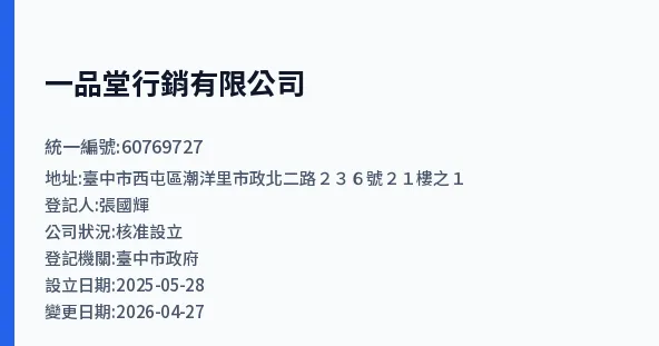 一品堂行銷有限公司的照片-統編 60769727(臺中市) 公司登記資料與營業項目詳細圖表