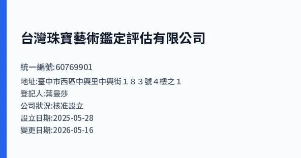 台灣珠寶藝術鑑定評估有限公司的照片-統編 60769901(臺中市) 公司登記資料與營業項目詳細圖表