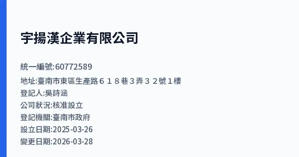 宇揚漢企業有限公司的照片-統編 60772589(臺南市) 公司登記資料與營業項目詳細圖表
