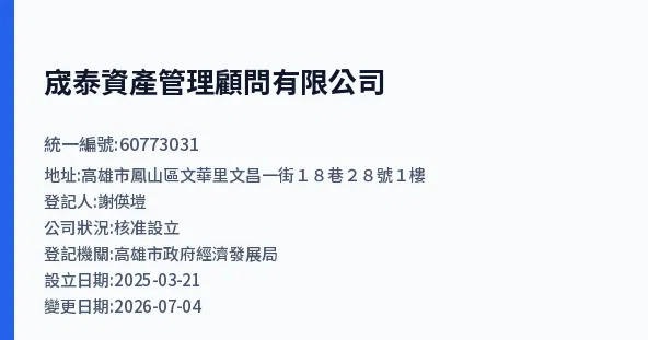 宬泰資產管理顧問有限公司的照片-統編 60773031(高雄市) 公司登記資料與營業項目詳細圖表