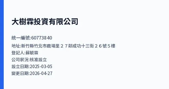 大樹霖投資有限公司的照片-統編 60773840(新竹縣) 公司登記資料與營業項目詳細圖表