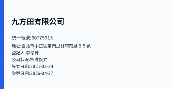 九方田有限公司的照片-統編 60775615(臺北市) 公司登記資料與營業項目詳細圖表