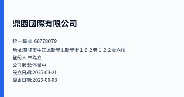 鼎園國際有限公司的照片-統編 60778079(基隆市) 公司登記資料與營業項目詳細圖表