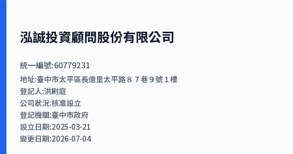 泓誠投資顧問股份有限公司的照片-統編 60779231(臺中市) 公司登記資料與營業項目詳細圖表