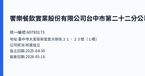 饗樂餐飲實業股份有限公司台中市第二十二分公司的照片-統編 60780173(臺中市) 公司登記資料與營業項目詳細圖表