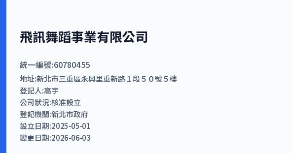 飛訊舞蹈事業有限公司的照片-統編 60780455(新北市) 公司登記資料與營業項目詳細圖表