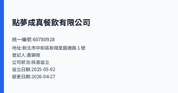 點夢成真餐飲有限公司的照片-統編 60780928(新北市) 公司登記資料與營業項目詳細圖表
