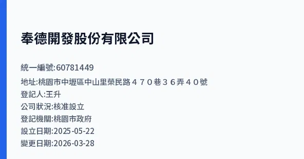奉德開發股份有限公司的照片-統編 60781449(桃園市) 公司登記資料與營業項目詳細圖表