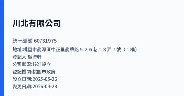 川北有限公司的照片-統編 60781975(桃園市) 公司登記資料與營業項目詳細圖表