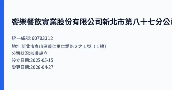 饗樂餐飲實業股份有限公司新北市第八十七分公司的照片-統編 60783312(新北市) 公司登記資料與營業項目詳細圖表
