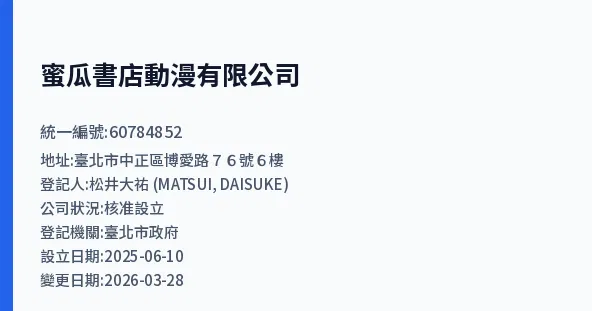 蜜瓜書店動漫有限公司的照片-統編 60784852(臺北市) 公司登記資料與營業項目詳細圖表