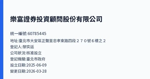 樂富證券投資顧問股份有限公司的照片-統編 60785445(臺北市) 公司登記資料與營業項目詳細圖表