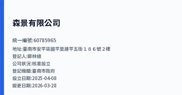 森景有限公司的照片-統編 60785965(臺南市) 公司登記資料與營業項目詳細圖表