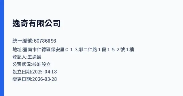 逸奇有限公司的照片-統編 60786893(臺南市) 公司登記資料與營業項目詳細圖表