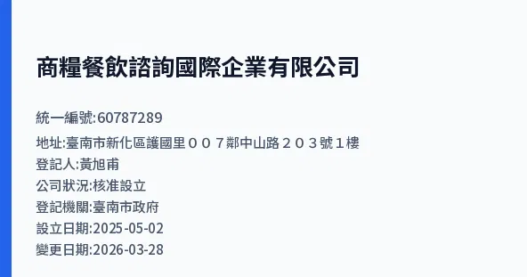 商糧餐飲諮詢國際企業有限公司的照片-統編 60787289(臺南市) 公司登記資料與營業項目詳細圖表