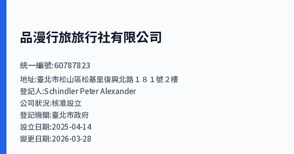 品漫行旅旅行社有限公司的照片-統編 60787823(臺北市) 公司登記資料與營業項目詳細圖表