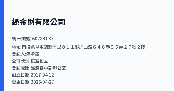 綠金財有限公司的照片-統編 60788137(南投縣) 公司登記資料與營業項目詳細圖表