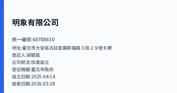 明象有限公司的照片-統編 60788610(臺北市) 公司登記資料與營業項目詳細圖表