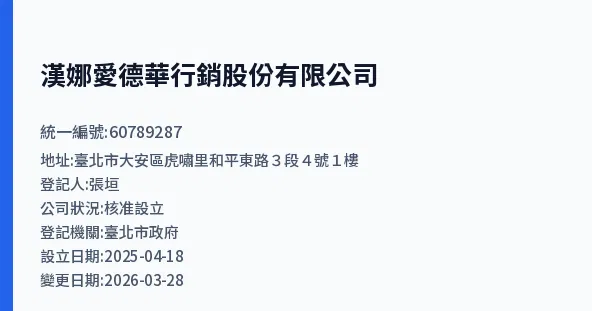 漢娜愛德華行銷股份有限公司的照片-統編 60789287(臺北市) 公司登記資料與營業項目詳細圖表