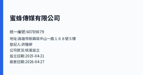 蜜蜂傳媒有限公司的照片-統編 60789879(高雄市) 公司登記資料與營業項目詳細圖表