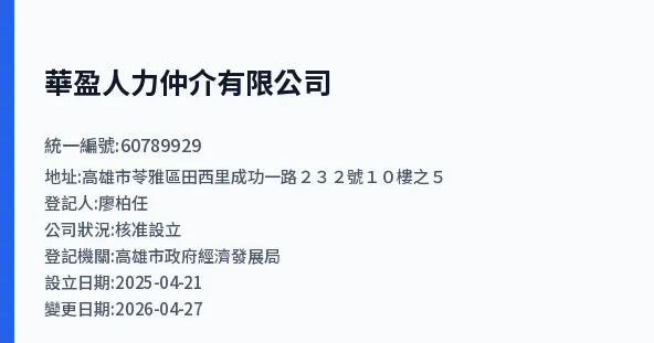 華盈人力仲介有限公司的照片-統編 60789929(高雄市) 公司登記資料與營業項目詳細圖表