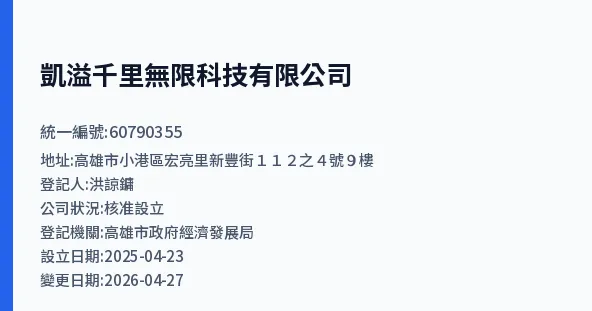 凱溢千里無限科技有限公司的照片-統編 60790355(高雄市) 公司登記資料與營業項目詳細圖表