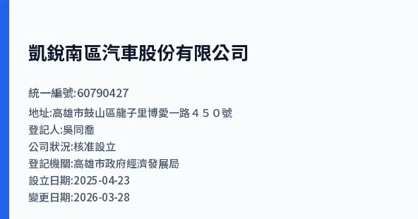 凱銳南區汽車股份有限公司的照片-統編 60790427(高雄市) 公司登記資料與營業項目詳細圖表