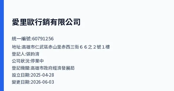 愛里歐行銷有限公司的照片-統編 60791256(高雄市) 公司登記資料與營業項目詳細圖表