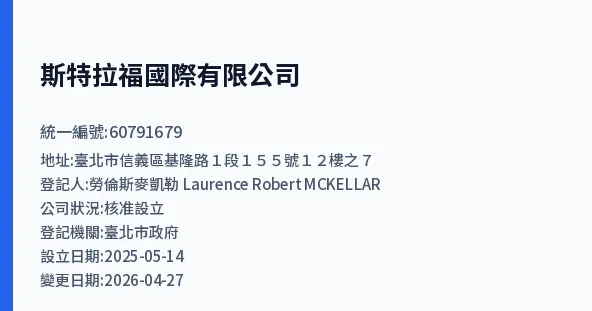 斯特拉福國際有限公司的照片-統編 60791679(臺北市) 公司登記資料與營業項目詳細圖表