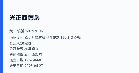光正西藥房的照片-統編 60792006(彰化縣) 公司登記資料與營業項目詳細圖表