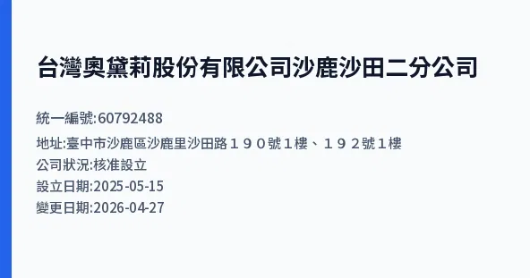 台灣奧黛莉股份有限公司沙鹿沙田二分公司的照片-統編 60792488(臺中市) 公司登記資料與營業項目詳細圖表